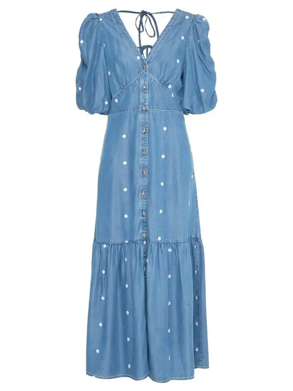 ROSE & NANCY Mila Denim Tencel Daisy Embroidered Midi Dress - Blue