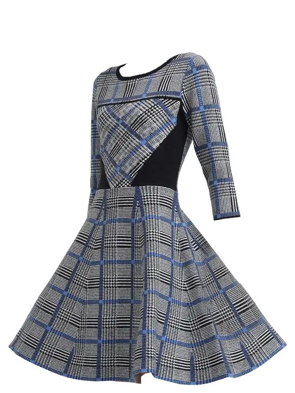 SMART AND JOY Fit-and-flare Tartan Knit Dress - Blue