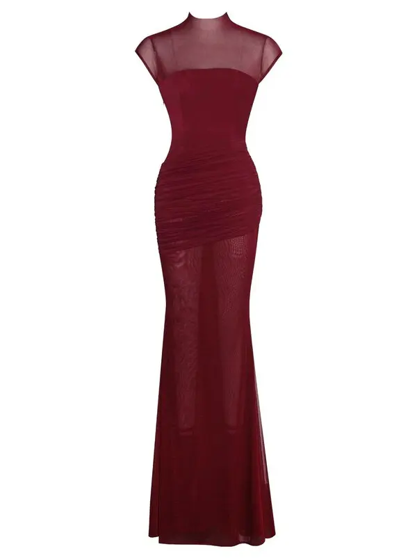 MISS CIRCLE NEW YORK Fabienne Burgundy Mesh Cap Sleeve Mermaid Gown - Red
