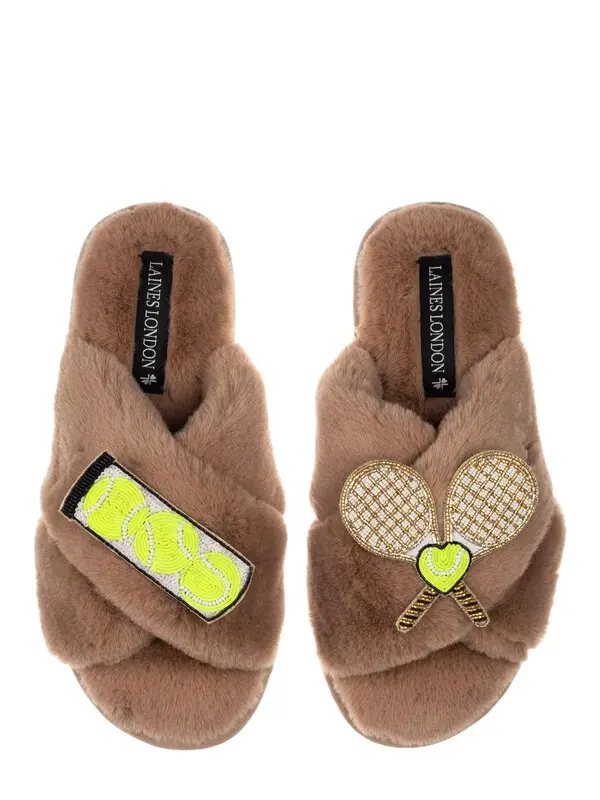 LAINES LONDON Neutrals Classic Laines Slippers With Tennis Lover Brooches Toffee - Brown