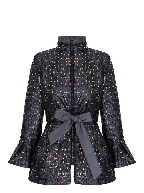 CONCEPT A TROIS Grey / Black Short Quilted Anthracite Grey Jacket With Fine Sequins With Collar And Drawstring - Grey/black