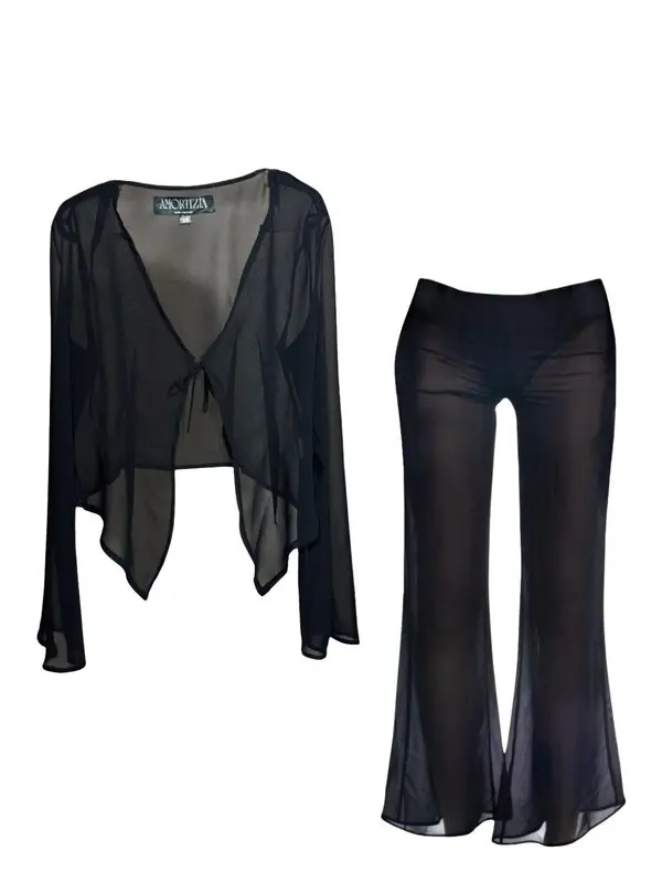 AMORTIZIA Arsenic Set Sheer Flowy Long-sleeve Top & Flared Pants Set - Black
