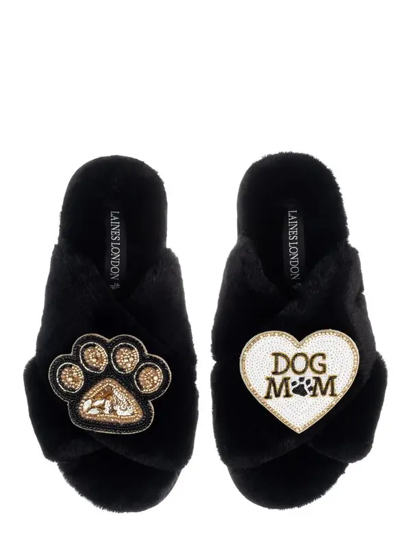 LAINES LONDON Classic Laines Slippers With Dog Mum / Mom & Paw Brooches - Black