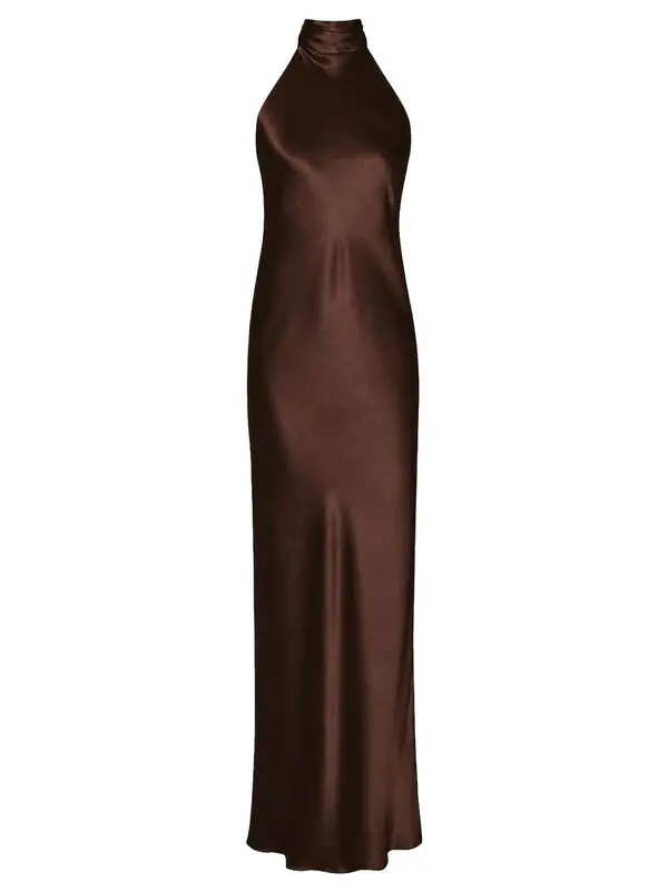 LILY ROU Chocolate Halter Neck Maxi Silk Slip Dress - Brown