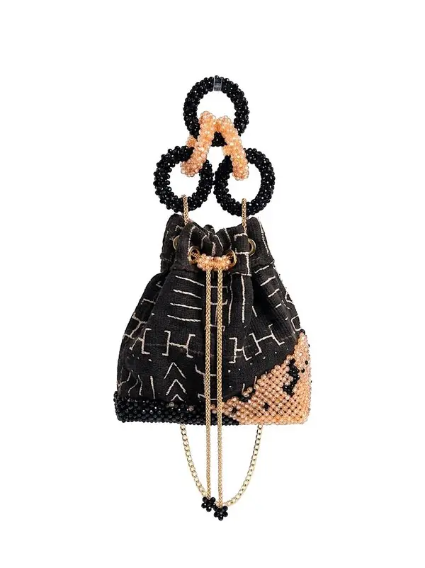 NYNY RYKE Bibi, Bucket Bag Handmade Bogolan Beaded Luxury Bag - Black