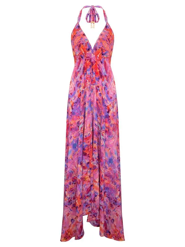 SOPHIA ALEXIA Printed Silk Halterneck Maxi Dress - Pink