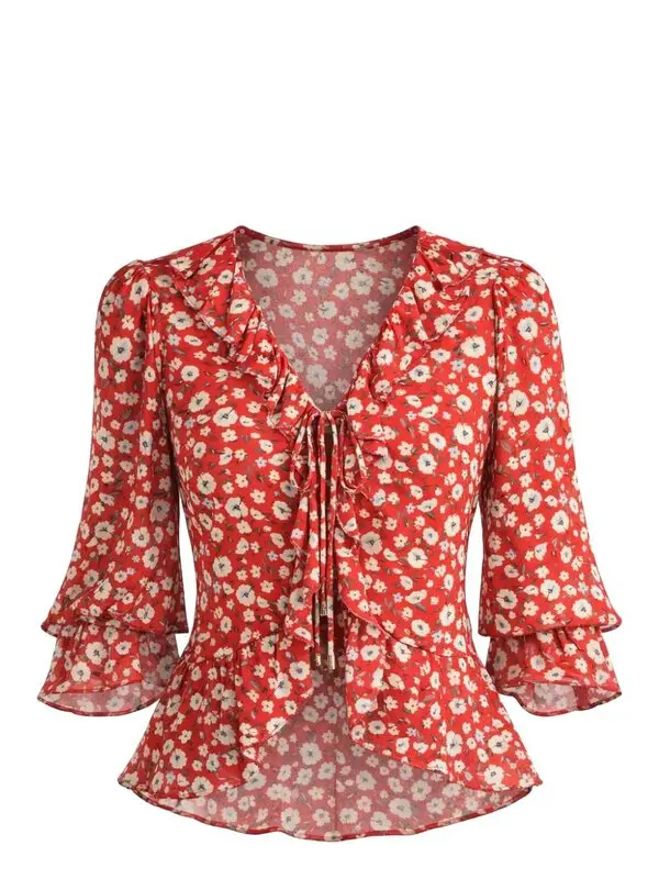 ROSE & NANCY Philippa Floral Print Ruffle Blouse - Red