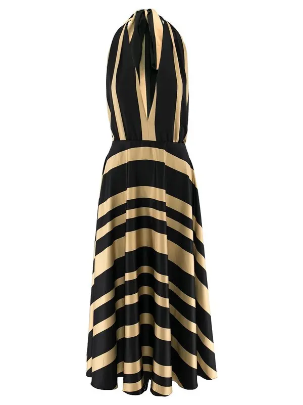 SILVIA SERBAN Halterneck Striped Satin Maxi Dress - Black
