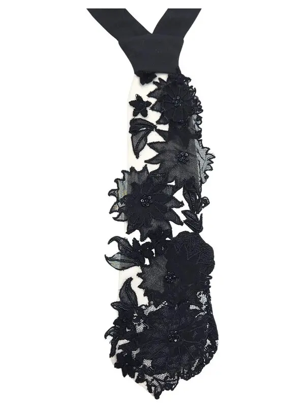 NANDANIE The Floral Embroidered Petite Necktie - Black