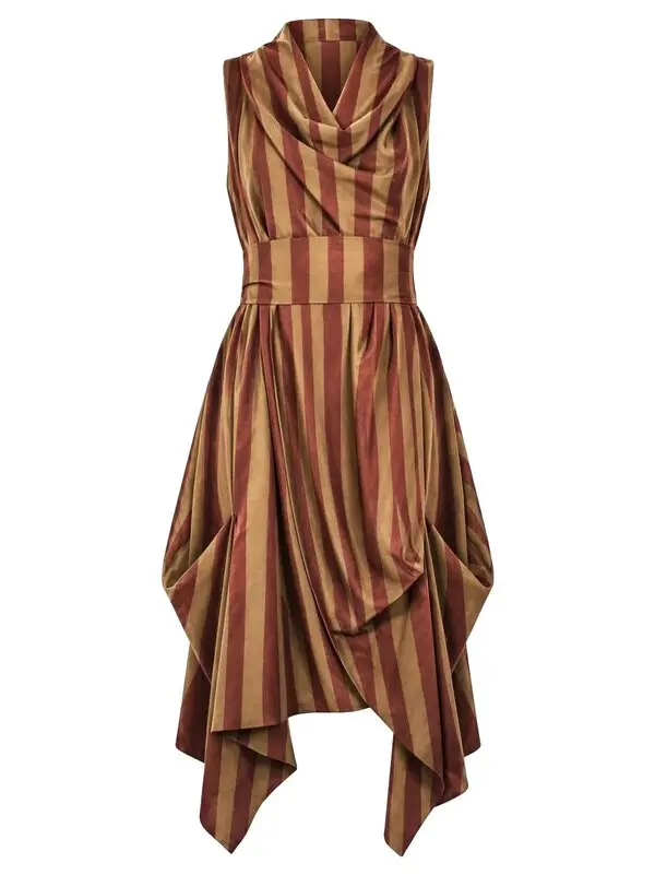 ATOM LABEL Wrap Ruched Dress In Bronze Gold Stripe - Brown