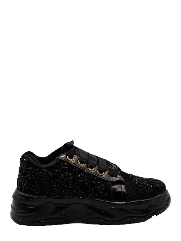 RETTROSE Diana Luxury Noir Satin Handmade Embellished Trainer - Black