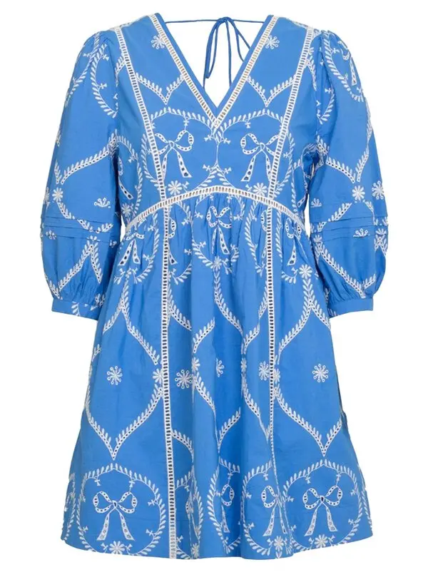 ROSE & NANCY Blue / White Charlie Embroidered Bow Blue Mini Dress - Blue/white