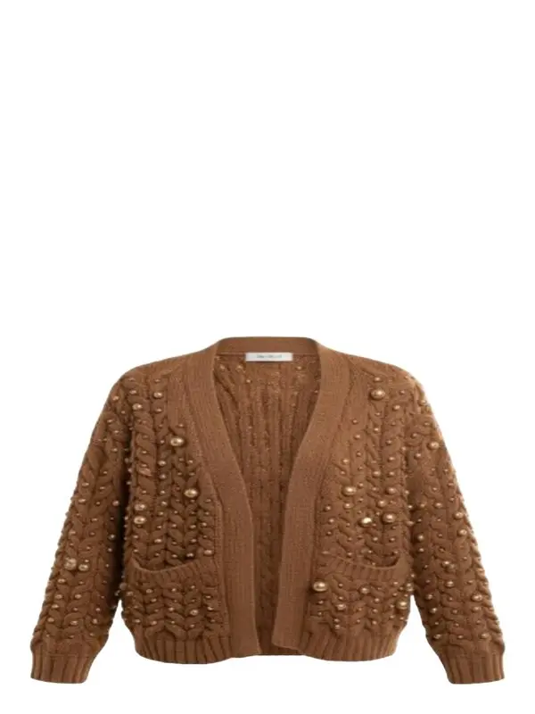 Saachi Embellished Pearl Knit Cardigan - Brown