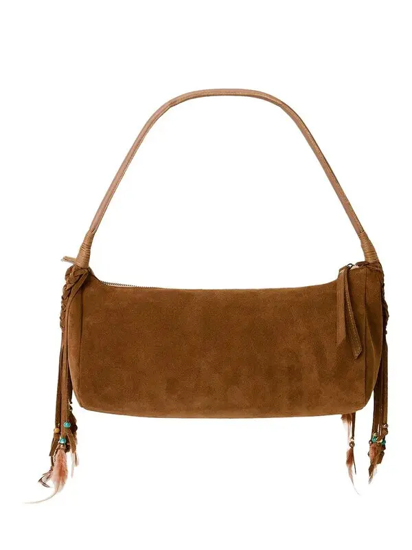 JUAN-JO Suede Bag- Baguette Fringes And Feathers - Brown