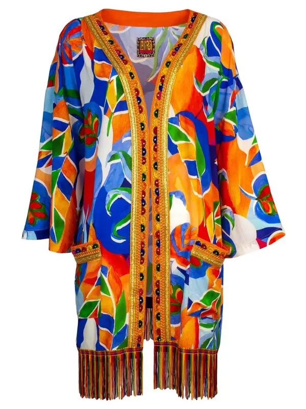 LALIPOP DESIGN Colorful Leaf Print Midi Kimono With Embroidery Borders - Orange