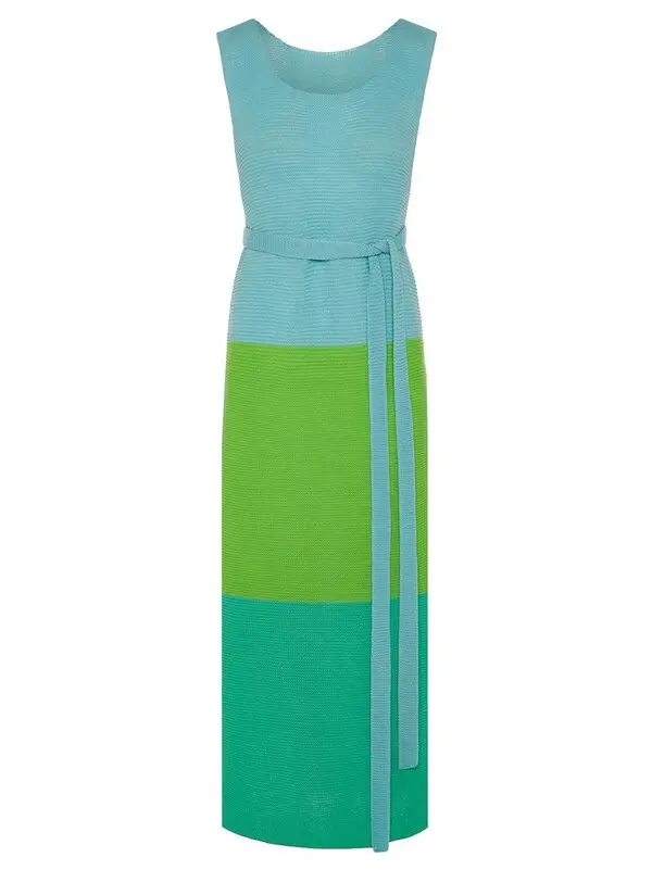 INGMARSON Blue / Green Colour Block Belted Slit Dress Green & Blue - Blue/green