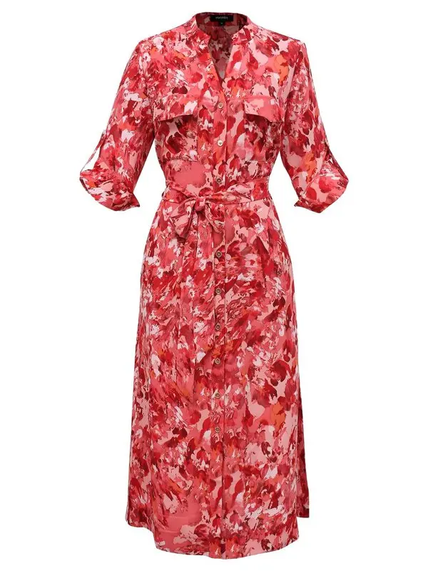SMART AND JOY Classic Shirt Dress With Abstract Print & Pink - Red