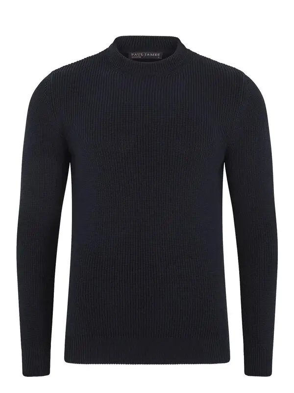 PAUL JAMES KNITWEAR Midweight Cotton Fisherman Rib Noah Jumper Navy - Blue