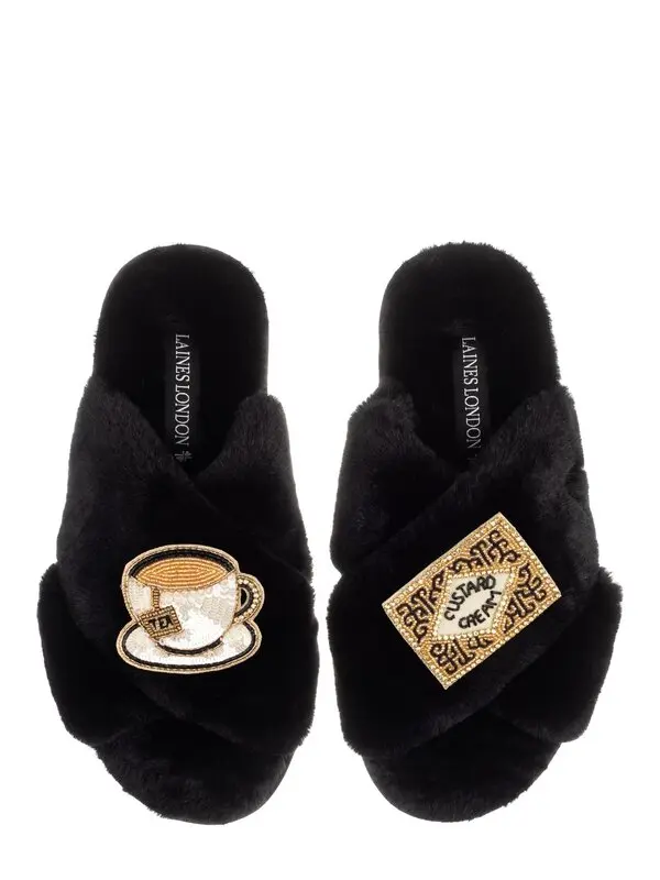LAINES LONDON Classic Laines Slippers With Tea & Biscuit Brooches - Black