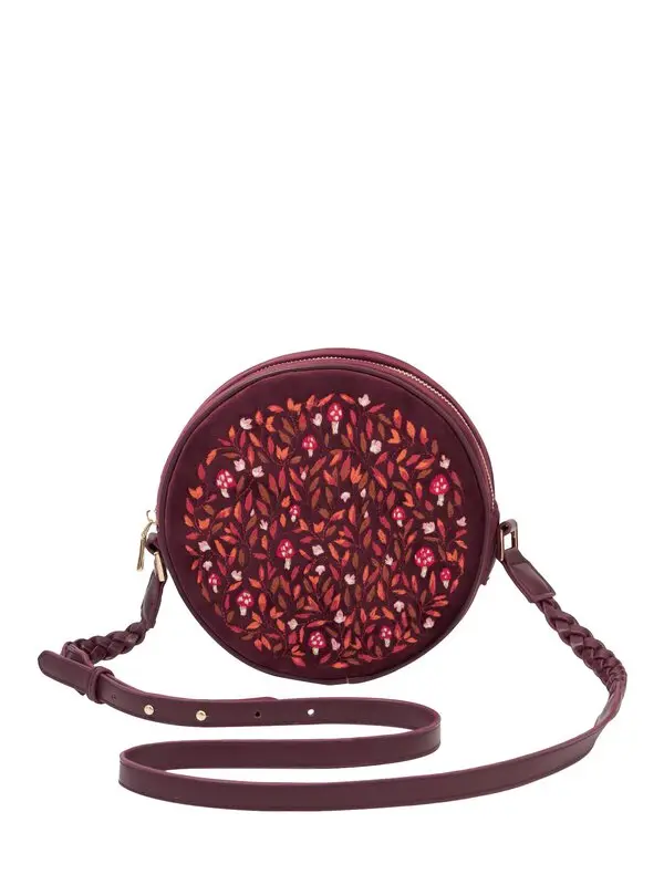 FABLE ENGLAND Mushroom Embroide Velvet Circle Bag Burgundy - Red