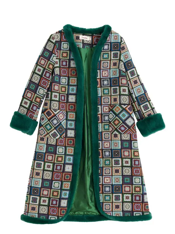 LOUCHE Delphia Seventies Patch Jacquard Fur Trim Coat – Multicoloured - Green