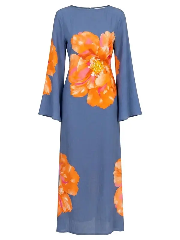 TANTRA SPAIN SL Long Floral Dress With Round Neck And Straps At The Back Denim - Blue