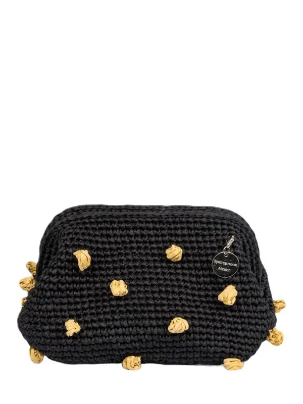 SPRINGMOONATELIER Pompom Raffia Clucht Handbag - Black