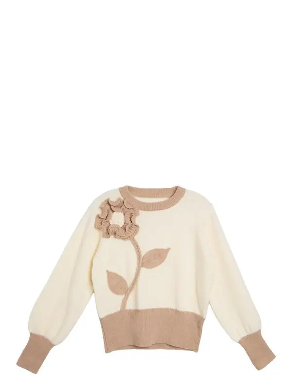 Saachi Ruffled Bloom Pullover Ivory Sweater - White
