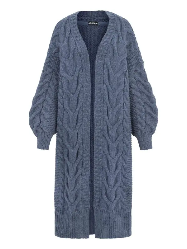 CARA & THE SKY Alex Cable Balloon Sleeve Maxi Cardigan Denim - Blue