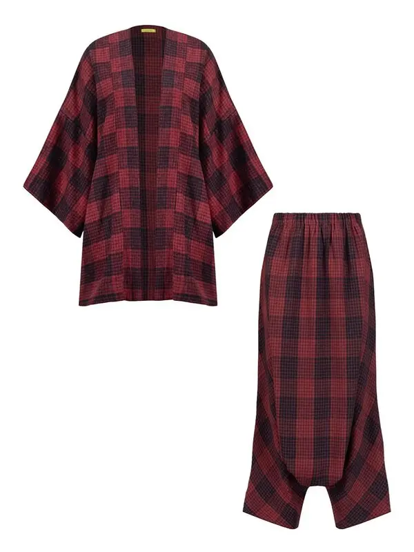 EMANMOON Burgundy Plaid Cardigan And Pants Set - Red