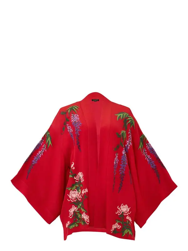 ARTEMIS MUSE Wisteria & Chrysanthemum Embroide Fully Lined Short Kimono - Red