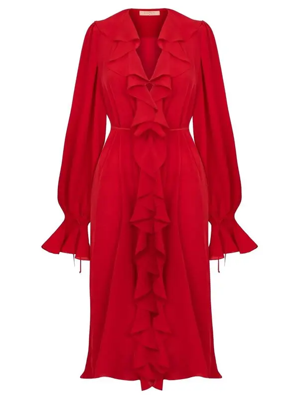 ELSAVA Cascading Ruffle Midi Dress - Red