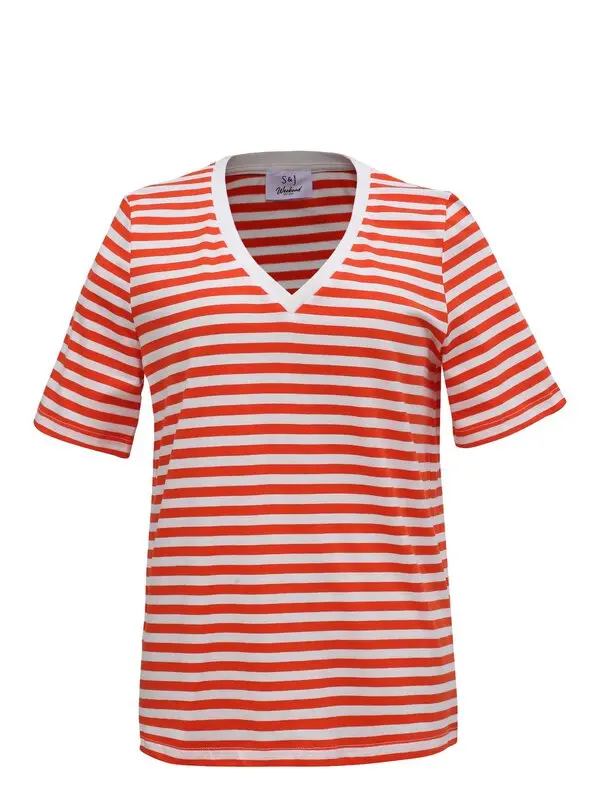 SMART AND JOY V Neck Stripes Cotton T-shirt Coral & White - Red