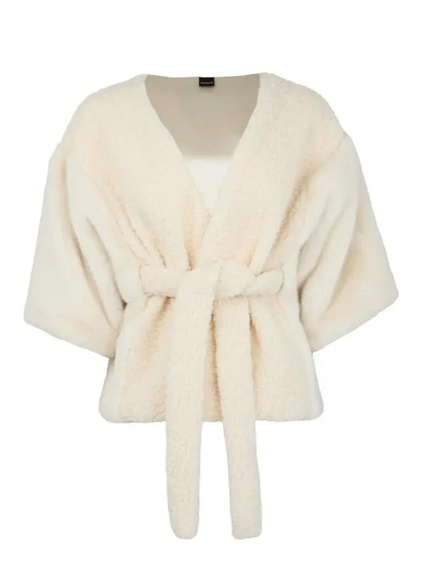Saachi Fur Tie Front Short Ivory Kimono - White