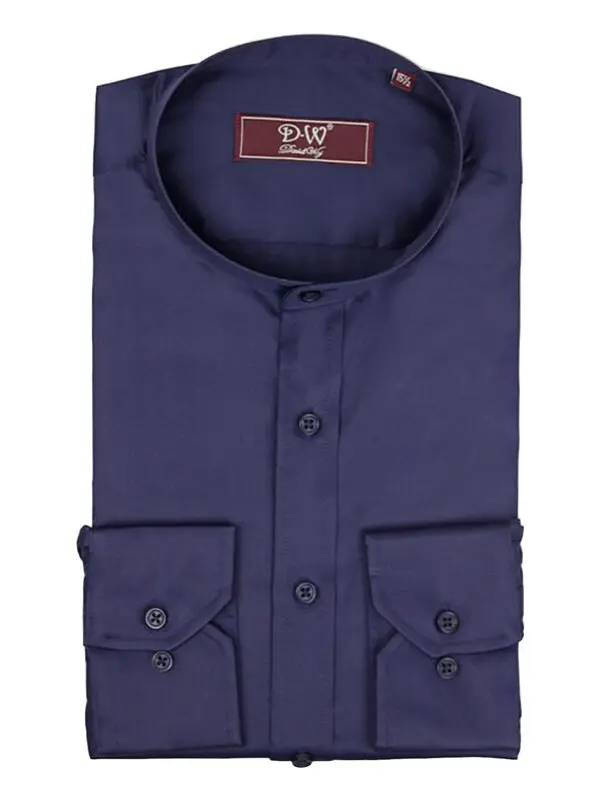 DAVID WEJ Mandarin Button Cuff Poplin Shirt Navy - Blue