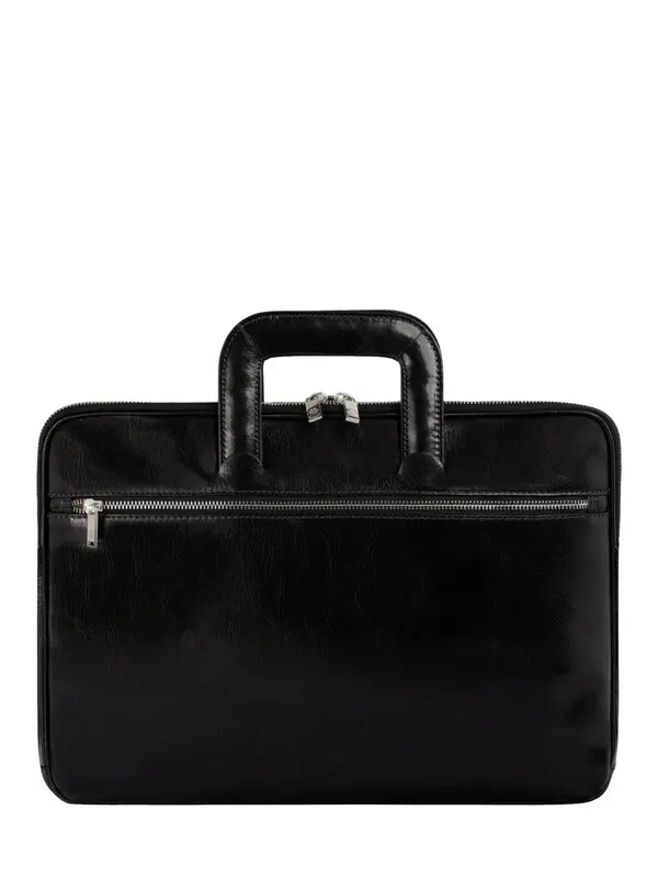 TIME RESISTANCE Leather Briefcase Laptop Bag In Brave New World - Black