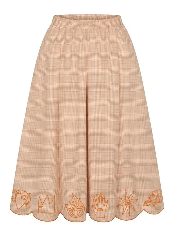 KING NAKED Plaid Midi Skirt With Embroidered Scalloped Hem - Orange