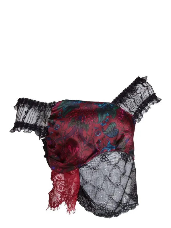 Natalia Petruch Black / Red Blossom Top In Botanical Print & Lace - Black/red