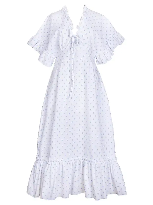 LISA THE LABEL Kimono Ruffle Dress Spot Cotton - Blue