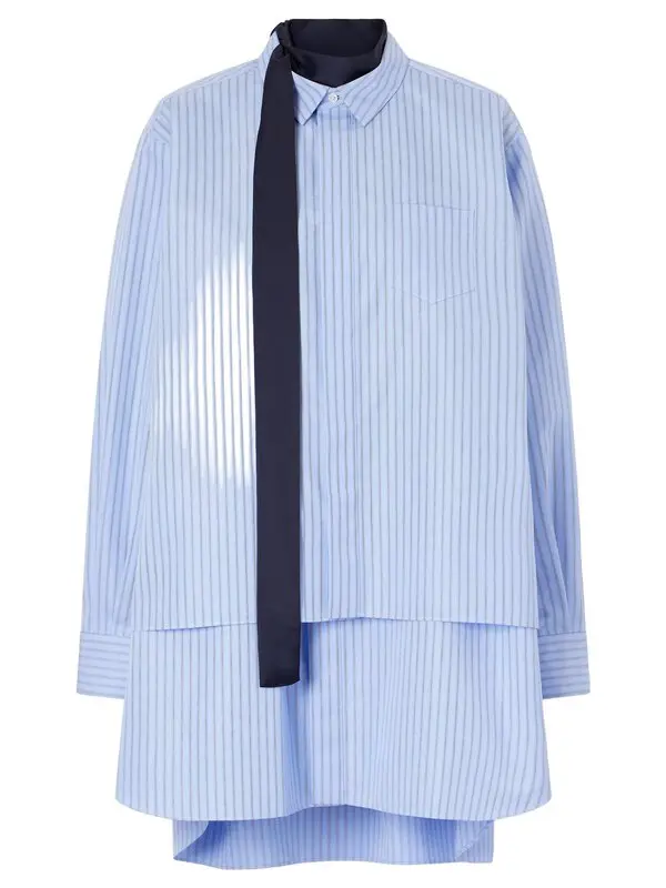 Sacai Scarf-detailed Striped Cotton-blend Poplin Mini Dress - Blue