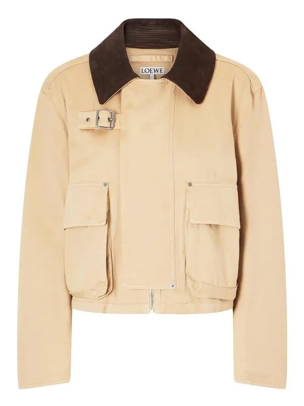 Loewe Cropped Belted Corduroy-trimmed Cotton Jacket - Neutrals