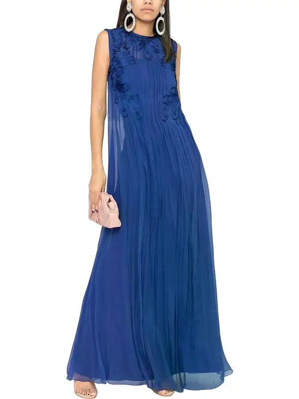 Alberta Ferretti Ribbon-applique Fully-pleated Silk Dress - Blue