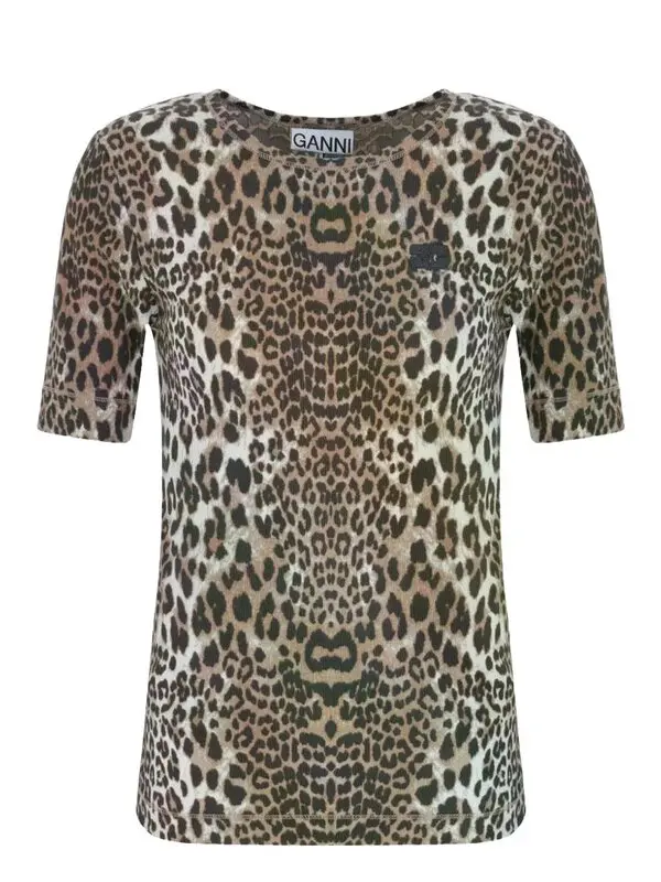 GANNI Leopard-print Logo-patch T-shirt - Neutrals