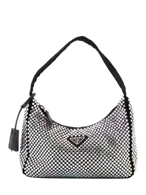 Prada Re-edition 2000 Crystal Embellished Satin Mini Hobo Bag - Black