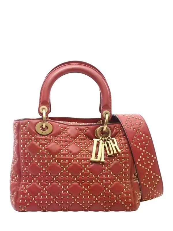 Dior 2010-2026 Medium Lambskin Cannage Studded Supple Lady Satchel - Red