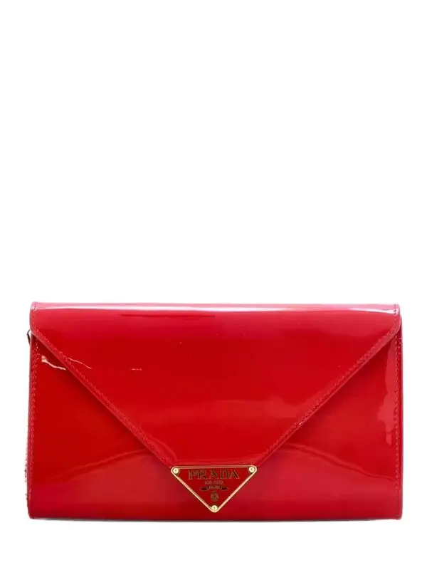 Prada Triangle Logo Envelope Chain Patent Mini Clutch Bag - Red