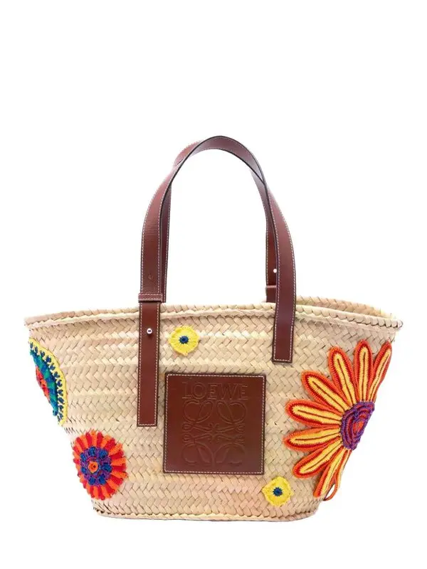 Loewe 2018 Large Floral Embroidered Raffia Basket Tote Bag - Neutrals