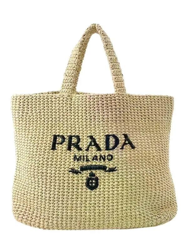 Prada 2013-2026 Large Raffia Effect Crochet Embroidered Logo Tote Bag - Neutrals