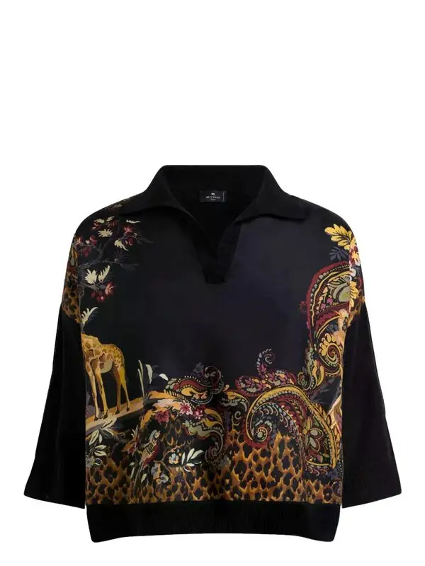 Etro Wool-blend Sweater With Placed Animal And Paisley-print - Black