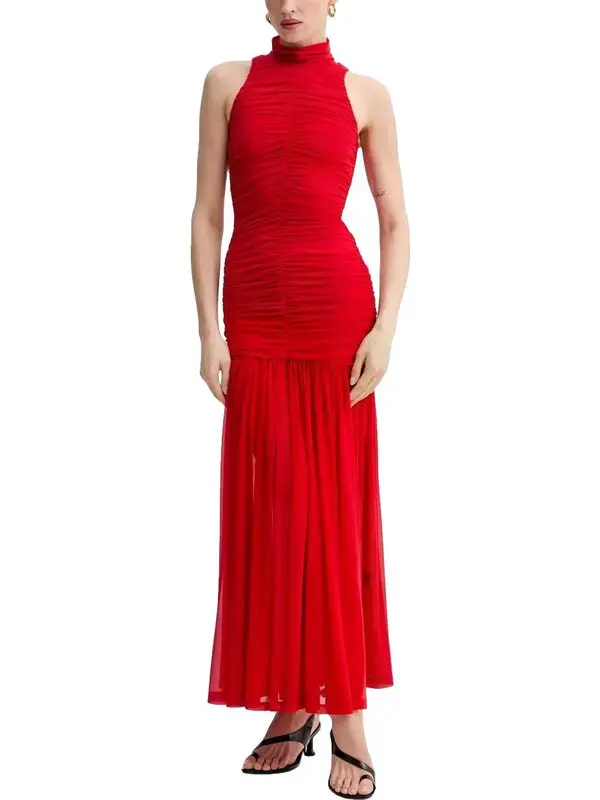 Bardot Orlana Ruched High-neck Maxi Dress - Red